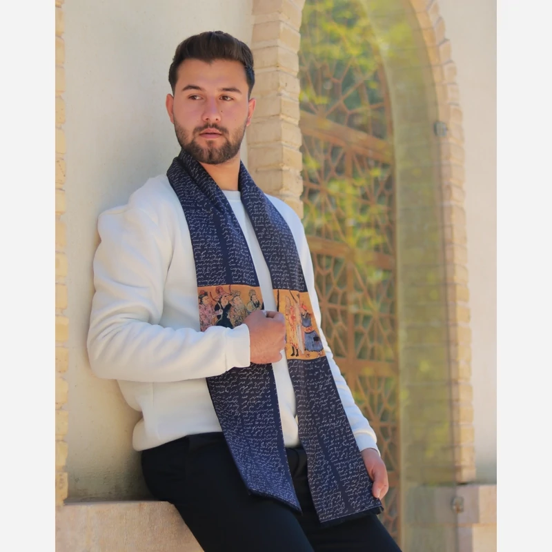 Traditional Iranian Men’s Silk Velvet Scarf with Shahnameh Poetry and ...