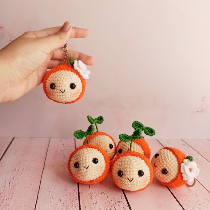 Handmade Crochet Orange Keychain – Soft Yarn Bag Charm with Green Leaf ...